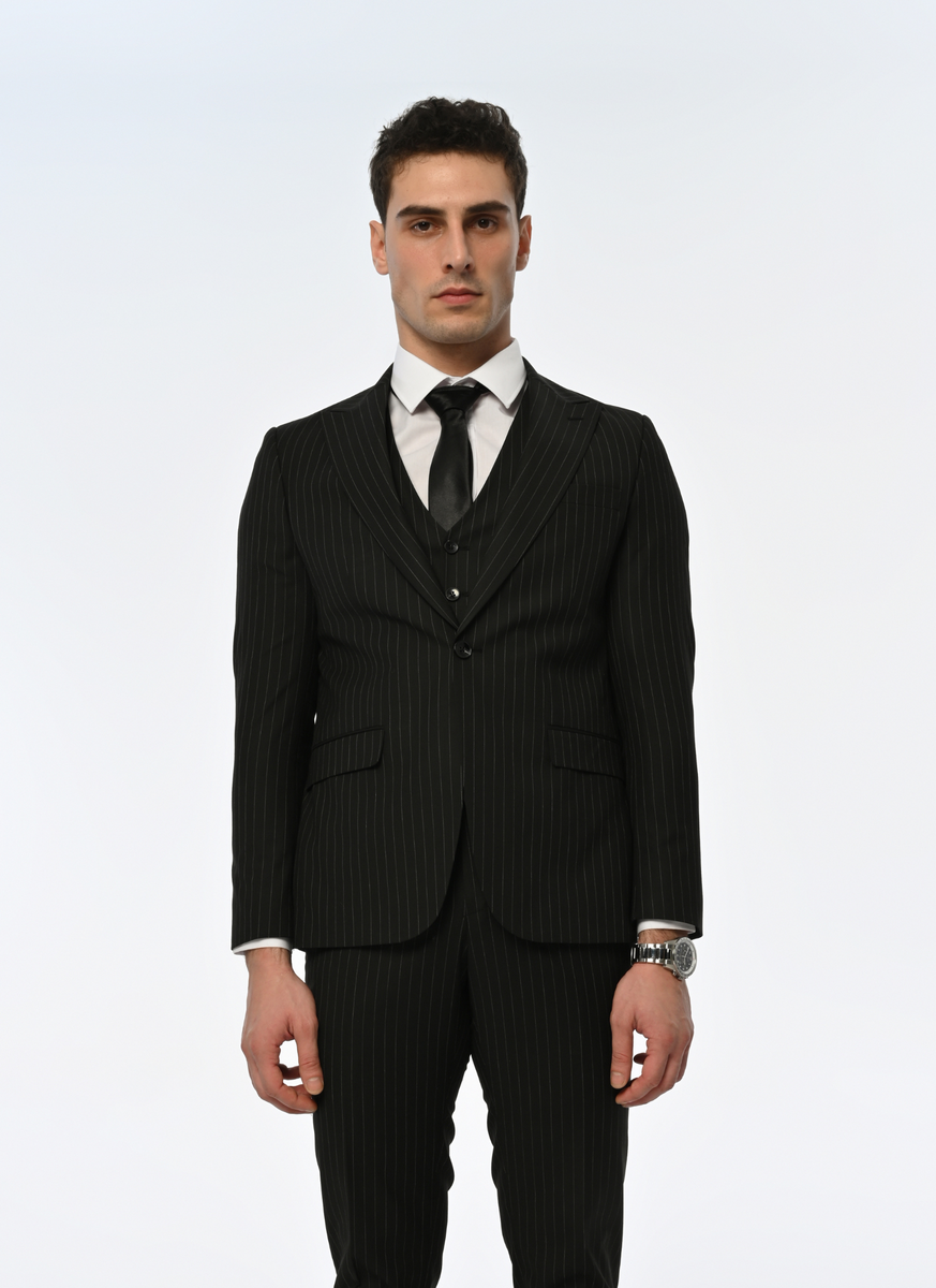 Times Square Slim Fit Black Striped Men's Three Piece Suit – Novo Suit